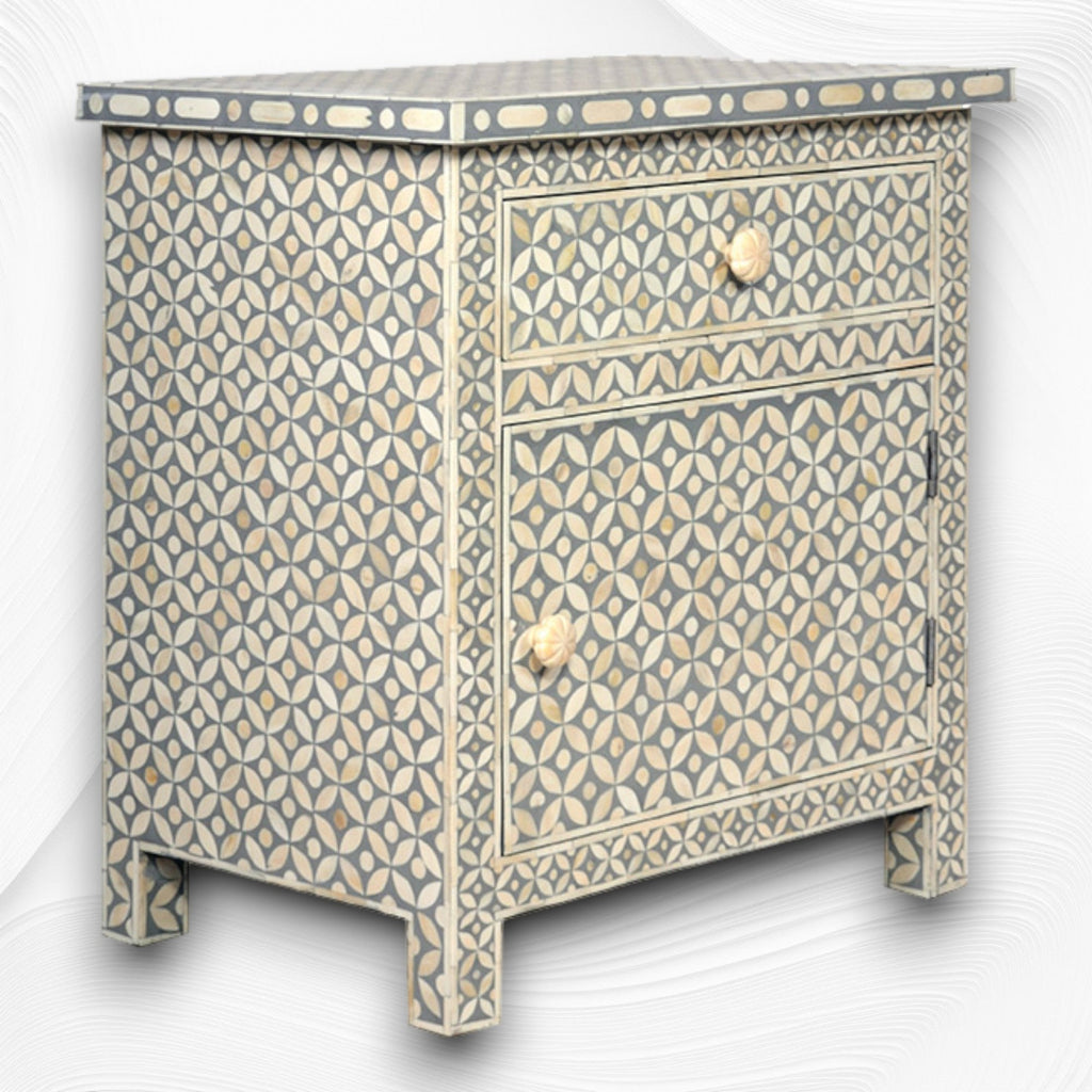 Bone Inlay Geometric Bedside 1 Drawer 1 Door Grey – Luxury Handicrafts
