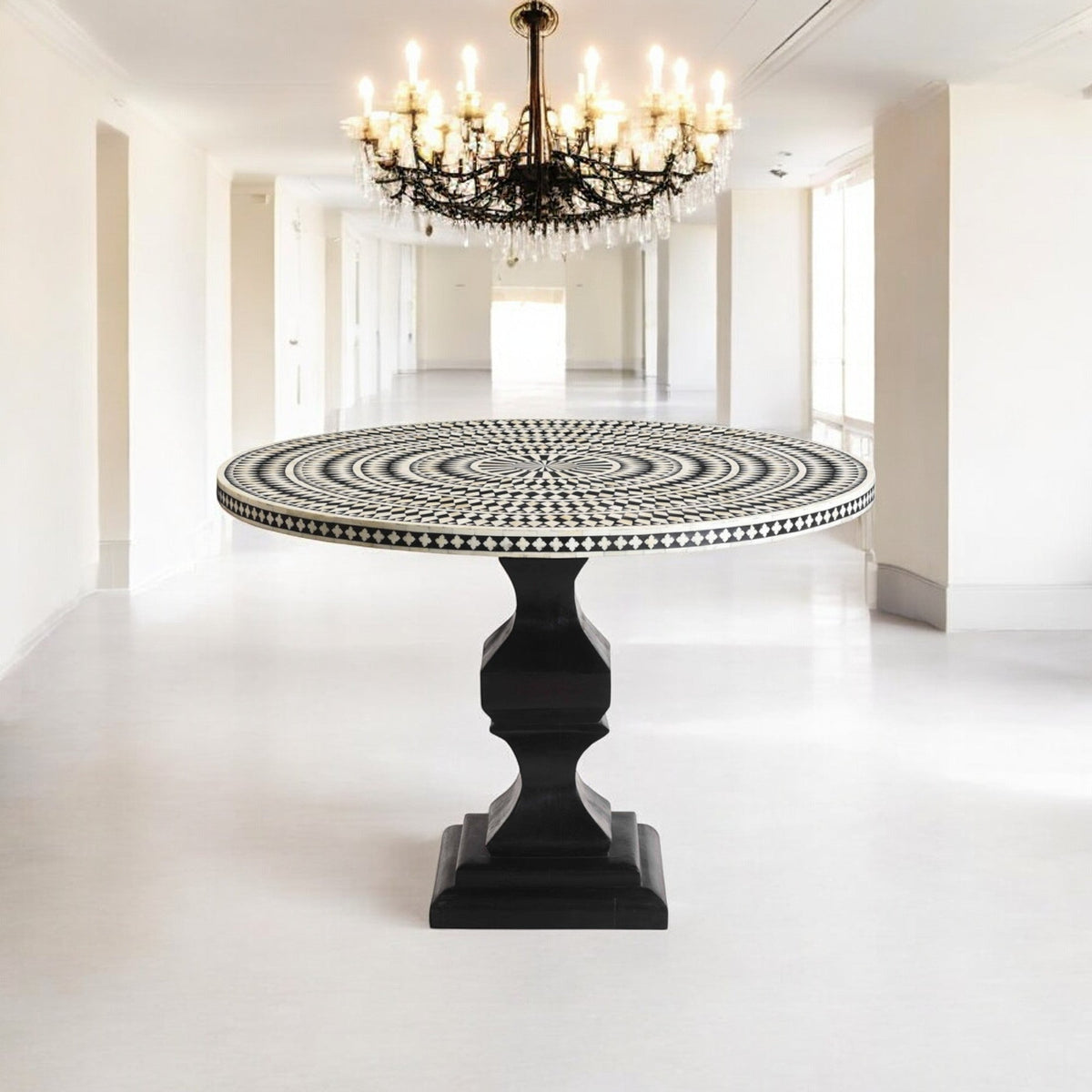 Diamond Bone Inlay Round Dining Table Black – Luxury Handicrafts
