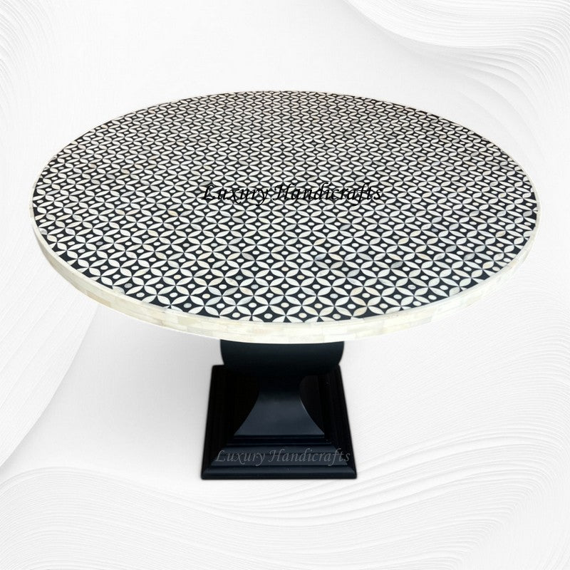 Geometric Bone Inlay Round Dining Table Black – Luxury Handicrafts