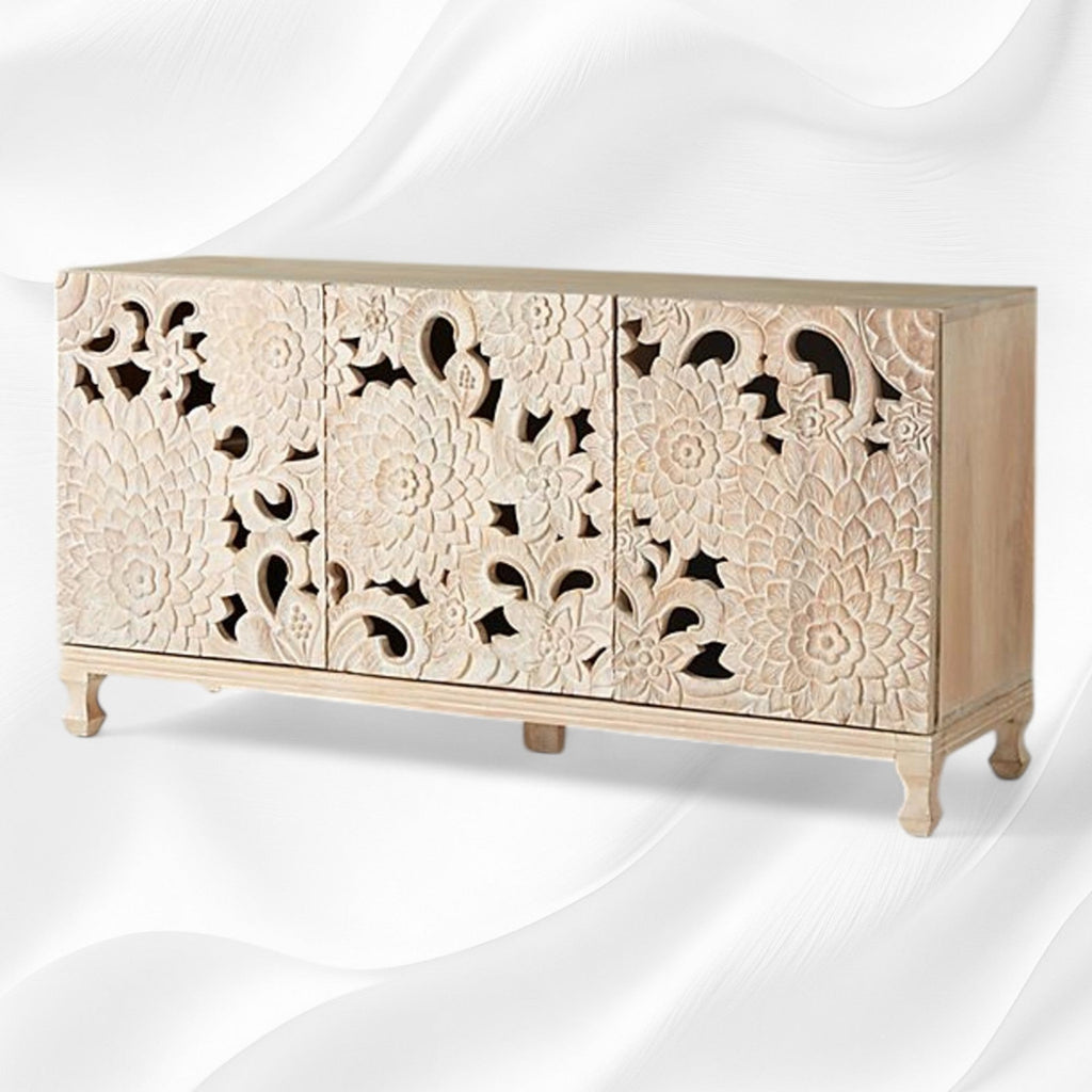 Handcarved Lotus Sideboard White Wash – Luxury Handicrafts
