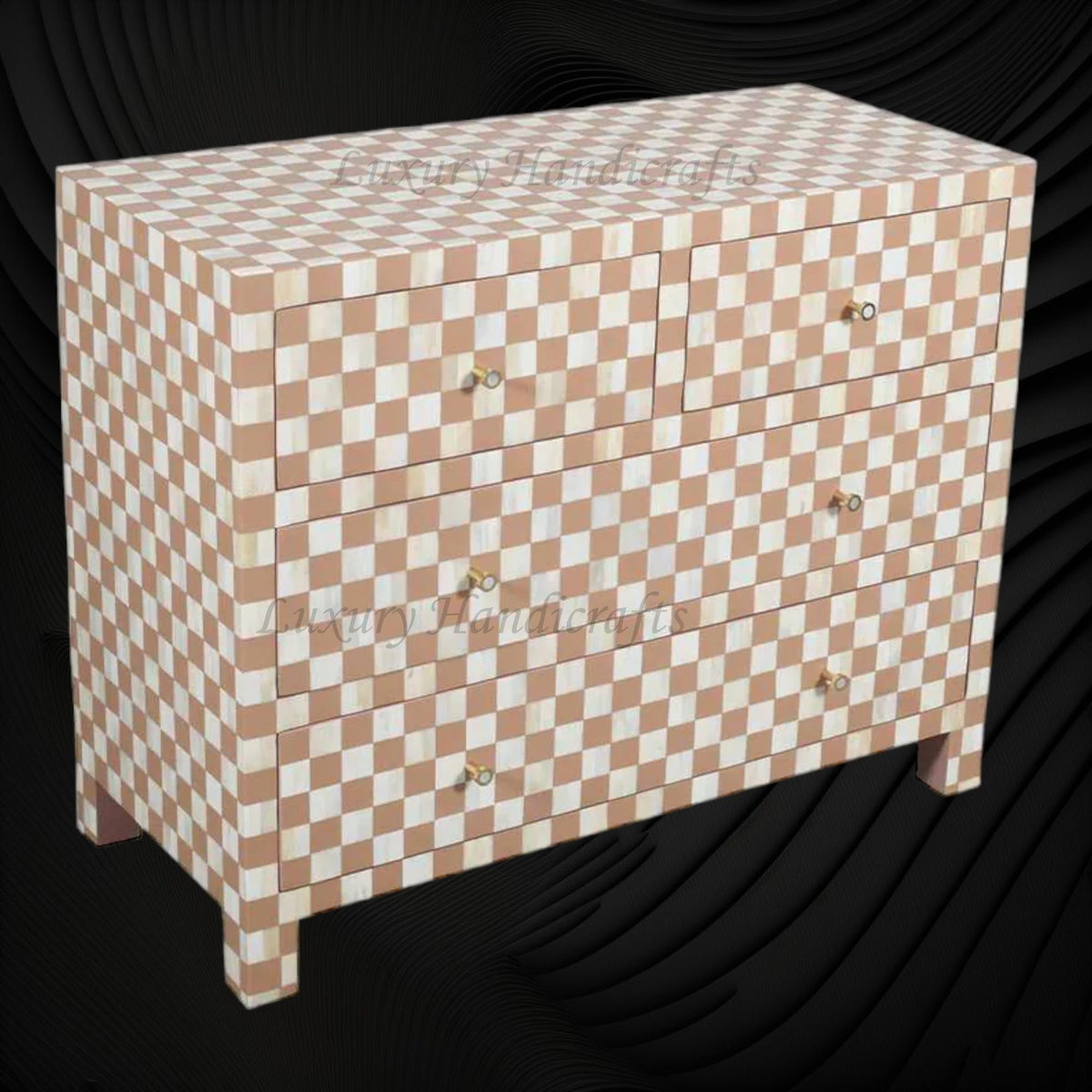 Bone Inlay 4 Drawer Checkerboard Dresser Almond – Luxury Handicrafts