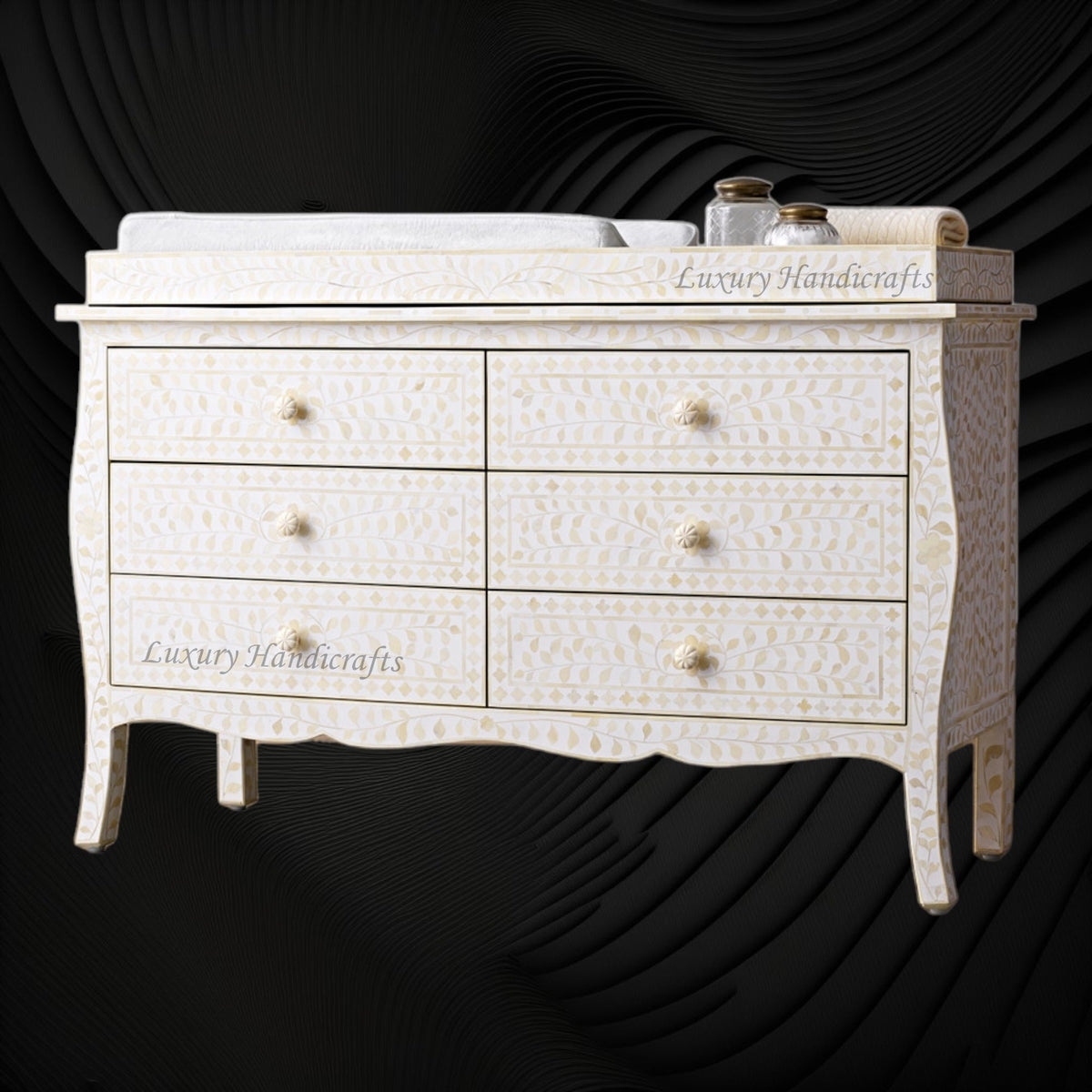 Bone Inlay Curved 6 Drawer Floral Dresser White with Topper ...