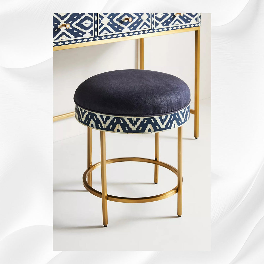 Ikat Bone Inlay Round Stool Blue – Luxury Handicrafts