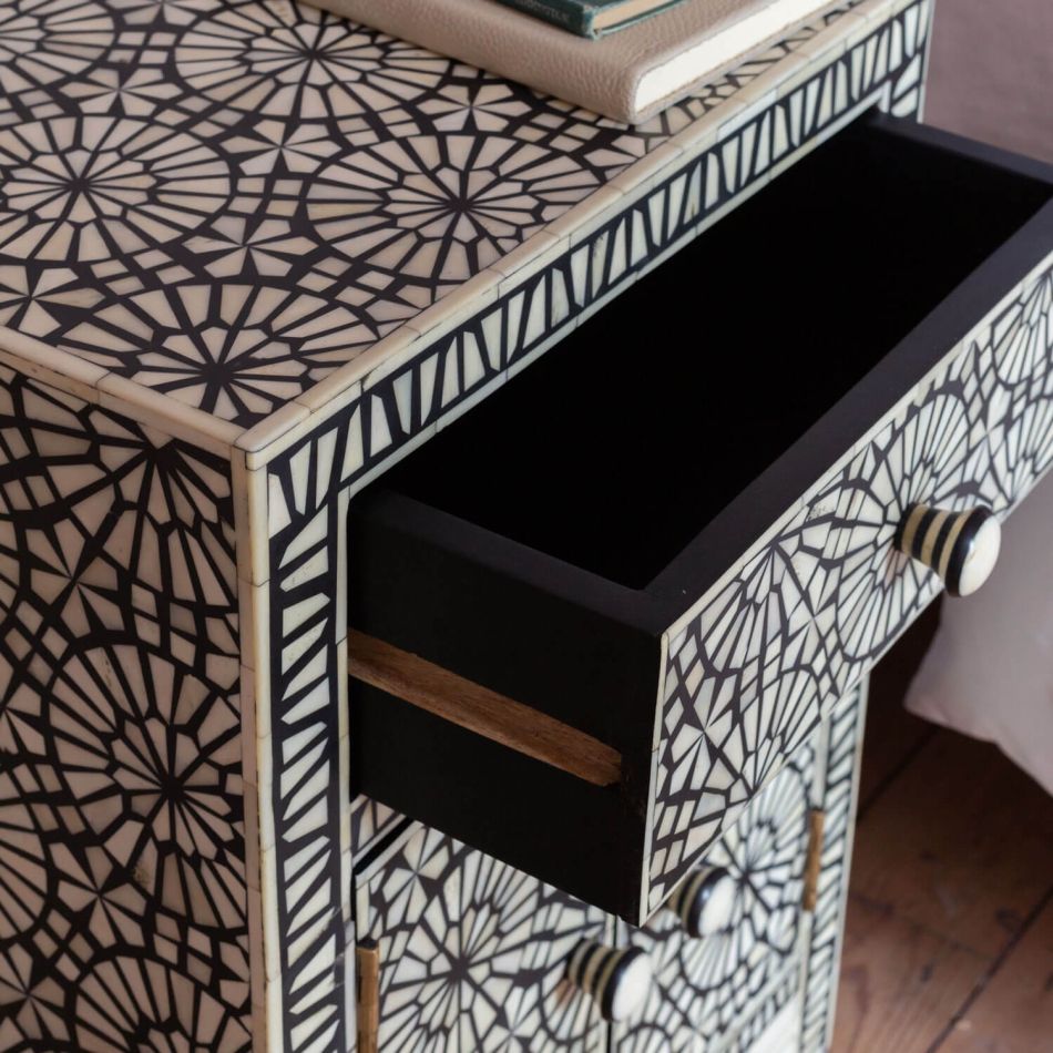 Kaleidoscope Bone Inlay Nightstand Black – Luxury Handicrafts
