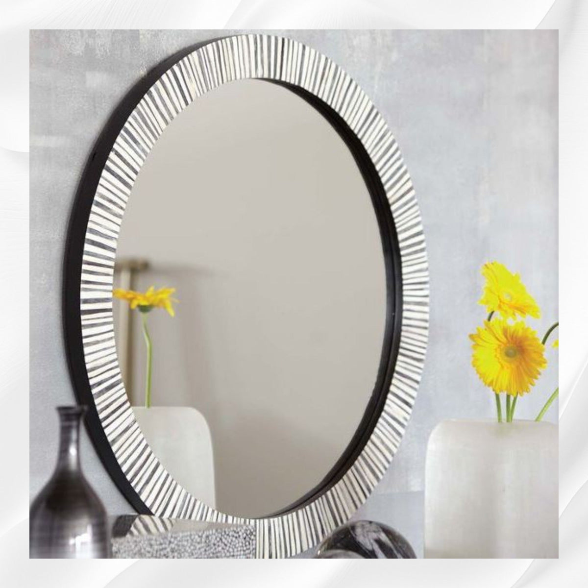 Nala Bone Inlay Striped Round Mirror Grey – Luxury Handicrafts
