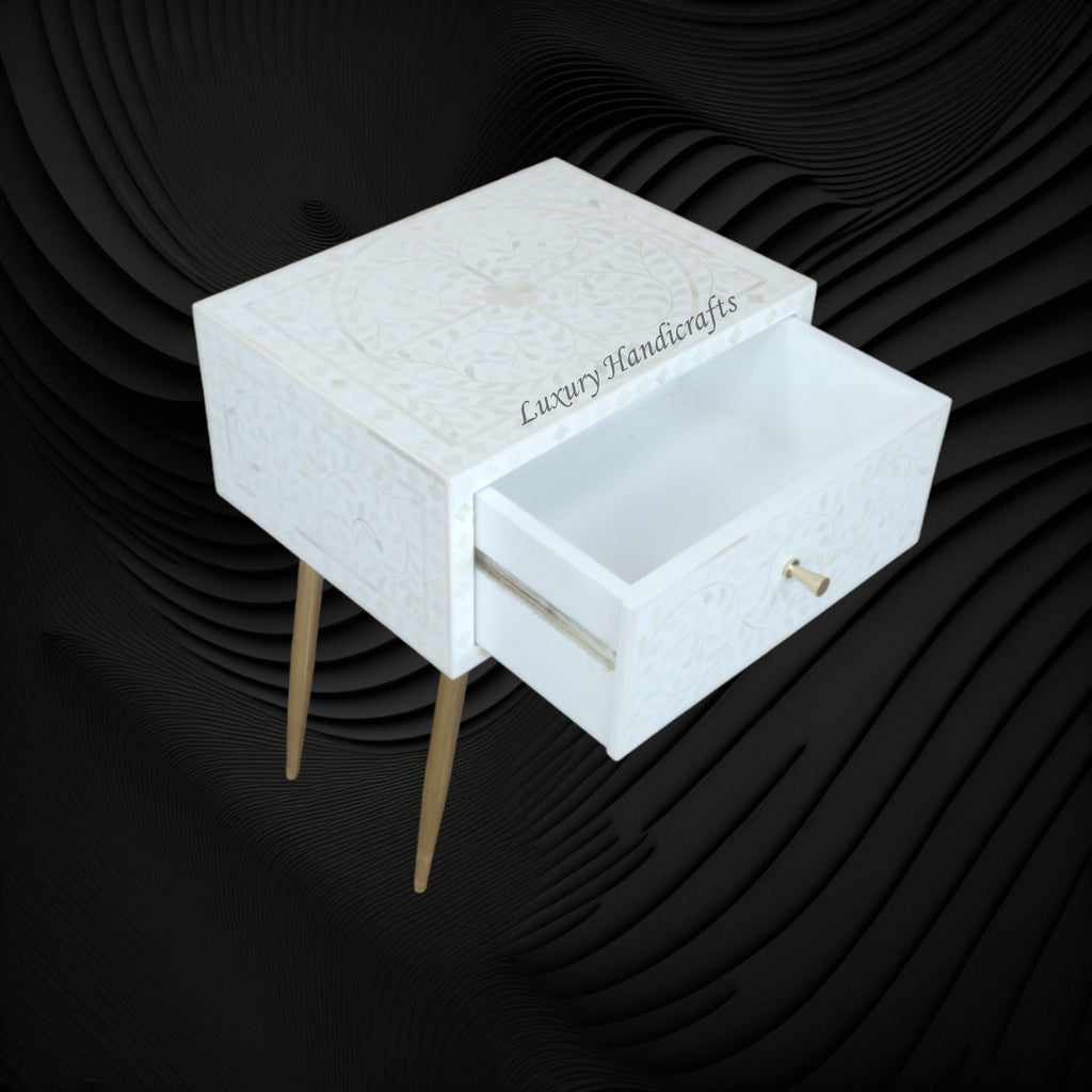 Scroll Vine Bone Inlay Bedside White – Luxury Handicrafts